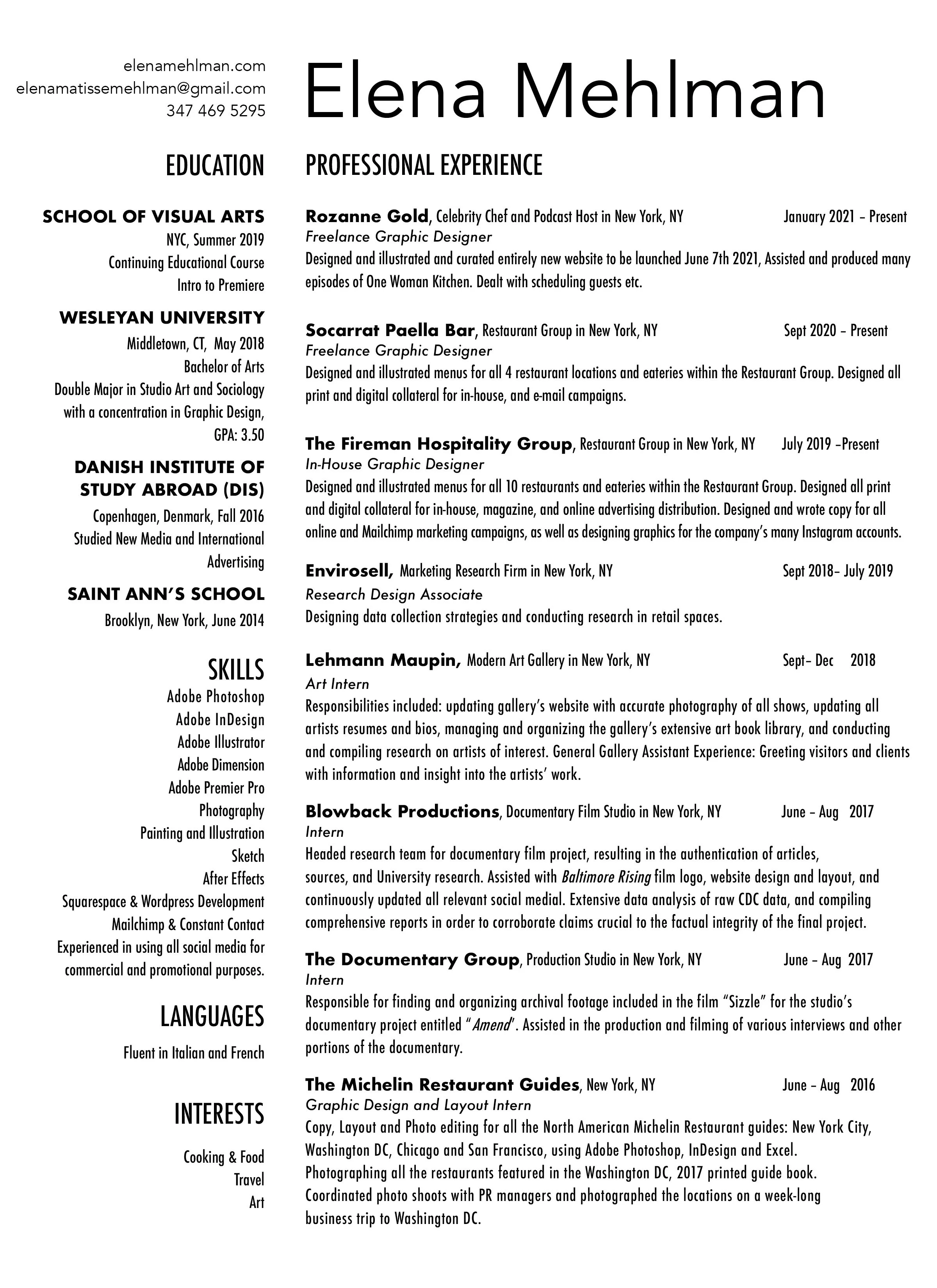 resume — Elena Mehlman