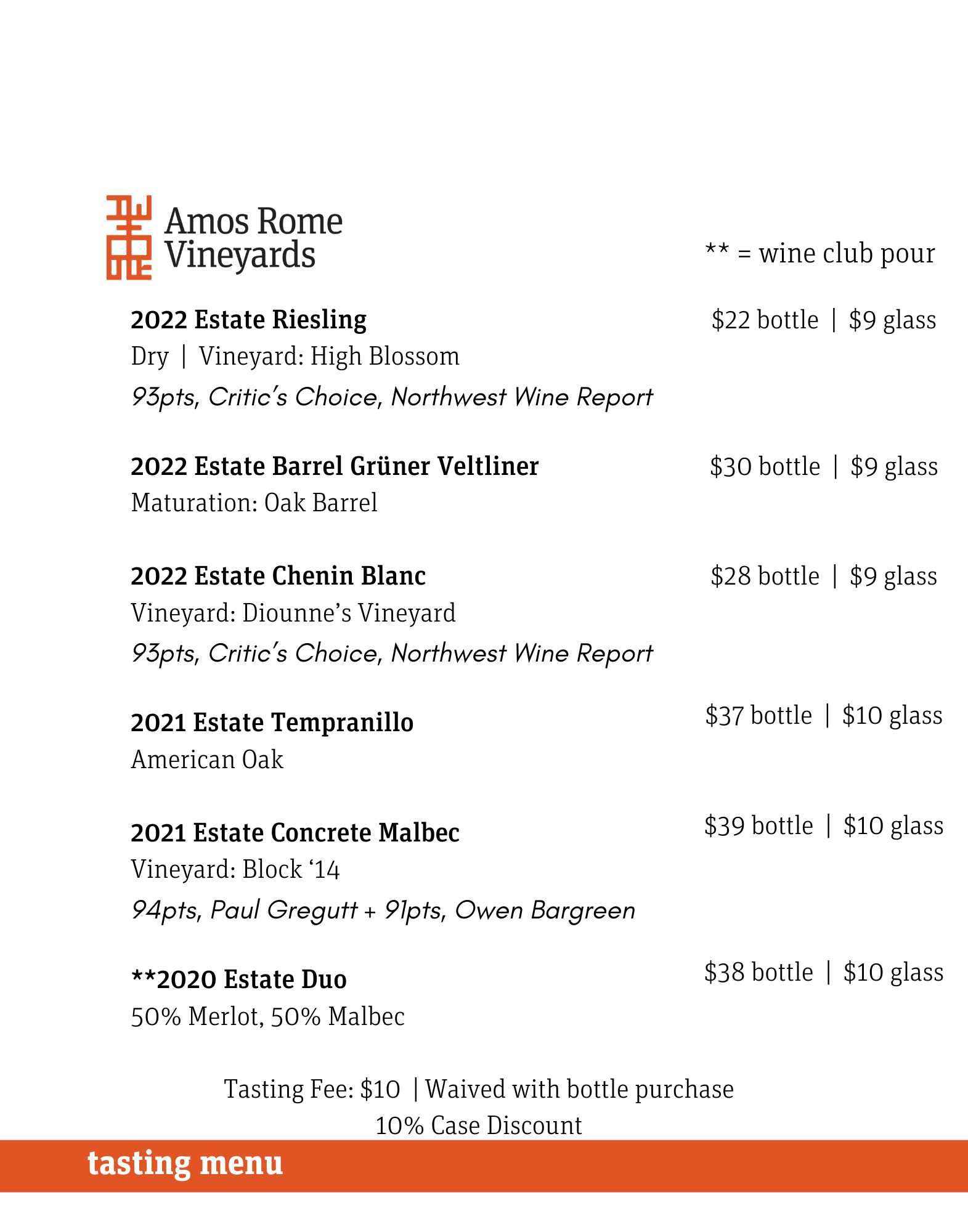 Current Tasting List — Amos Rome Vineyards