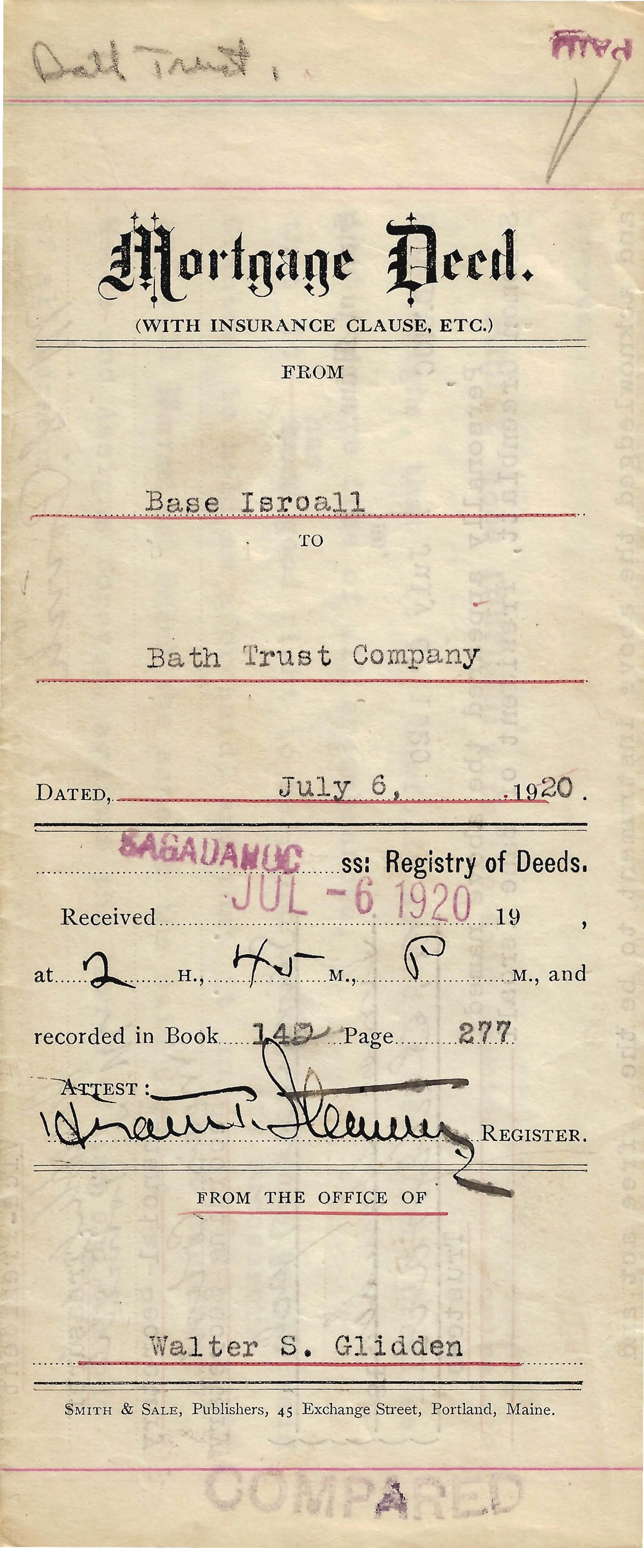Mortgage Deed 1920 Bath Jewish History