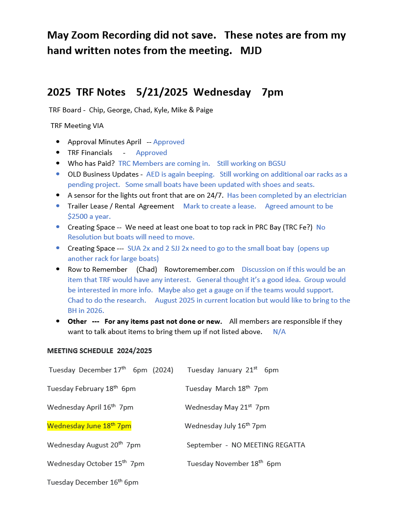 May 2025 TRF Minutes — Toledo Rowing Foundation