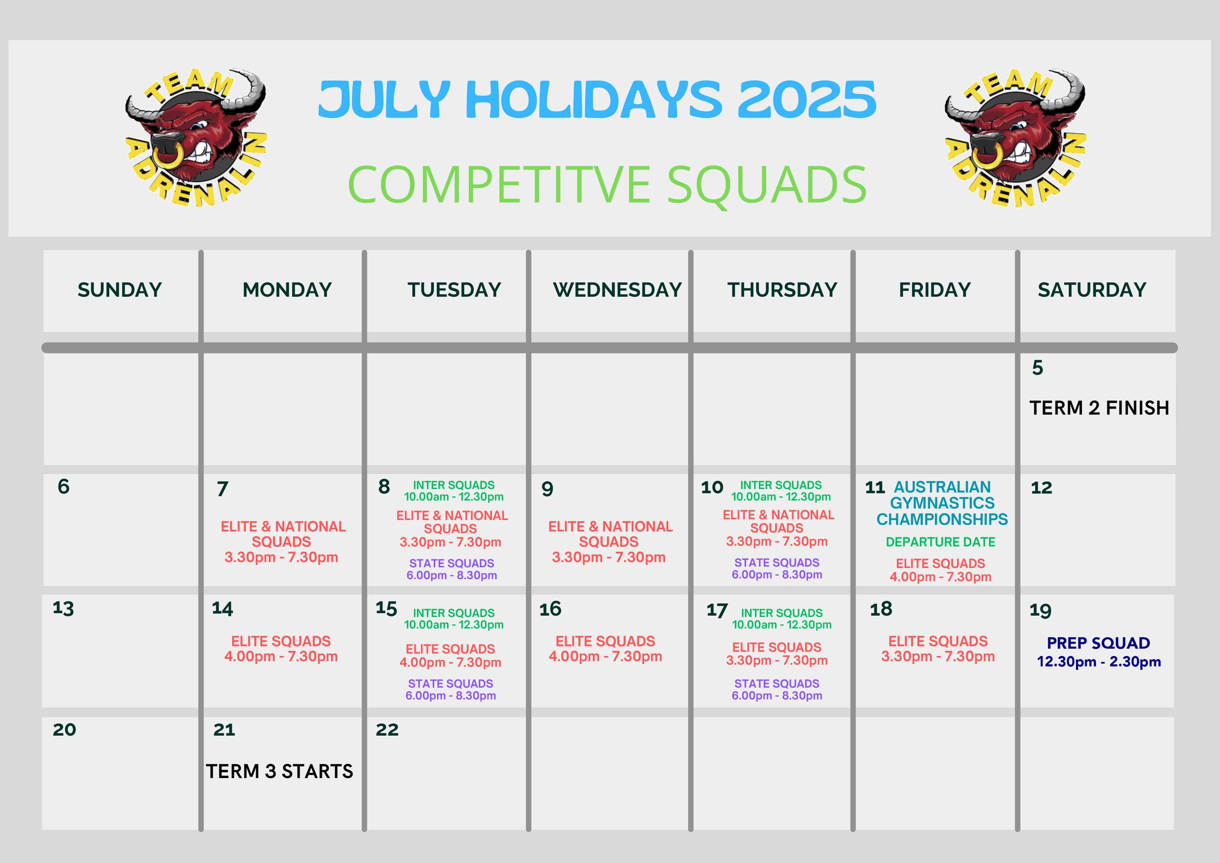 Team Adrenalin — Timetable