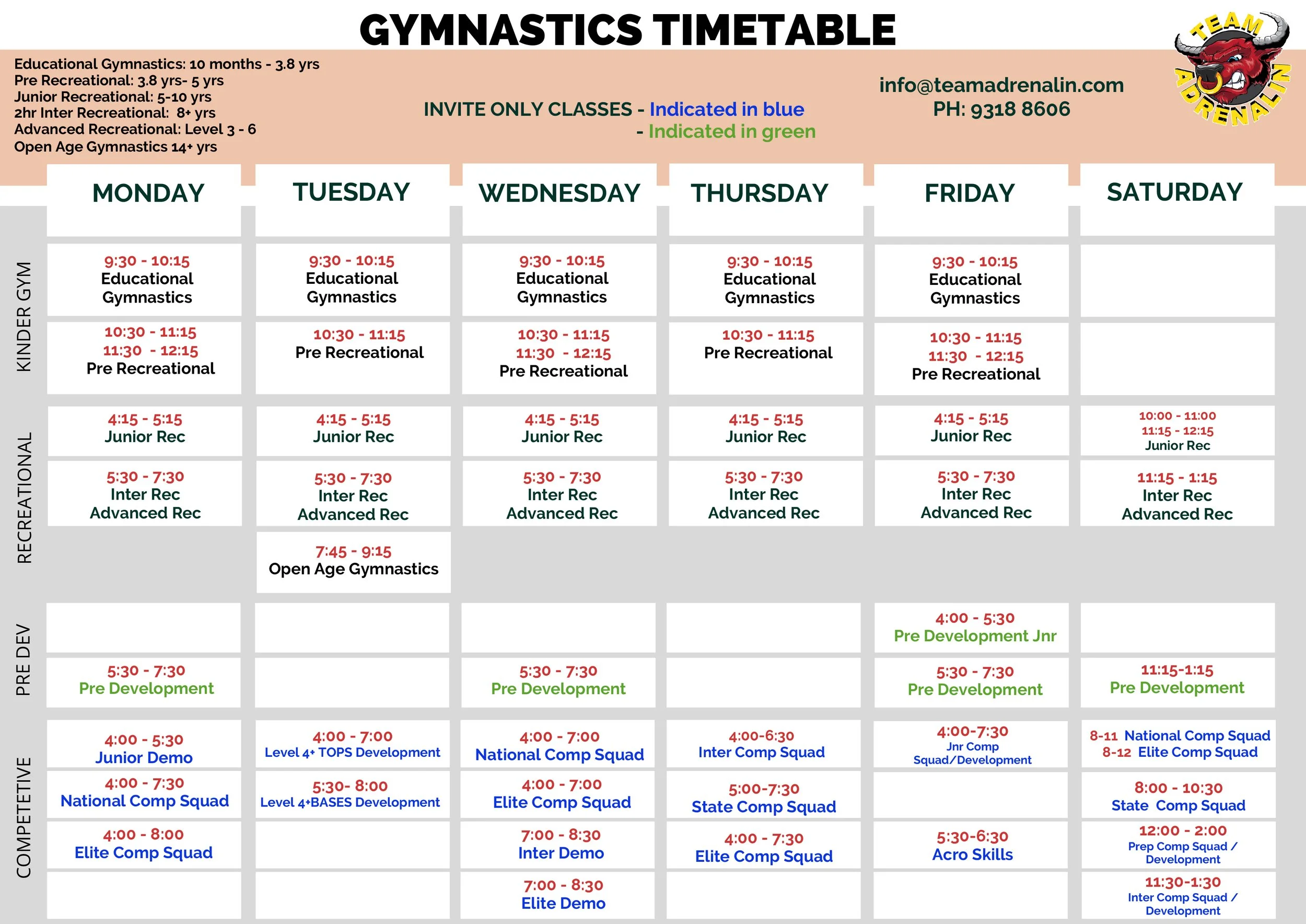Team Adrenalin — Timetable