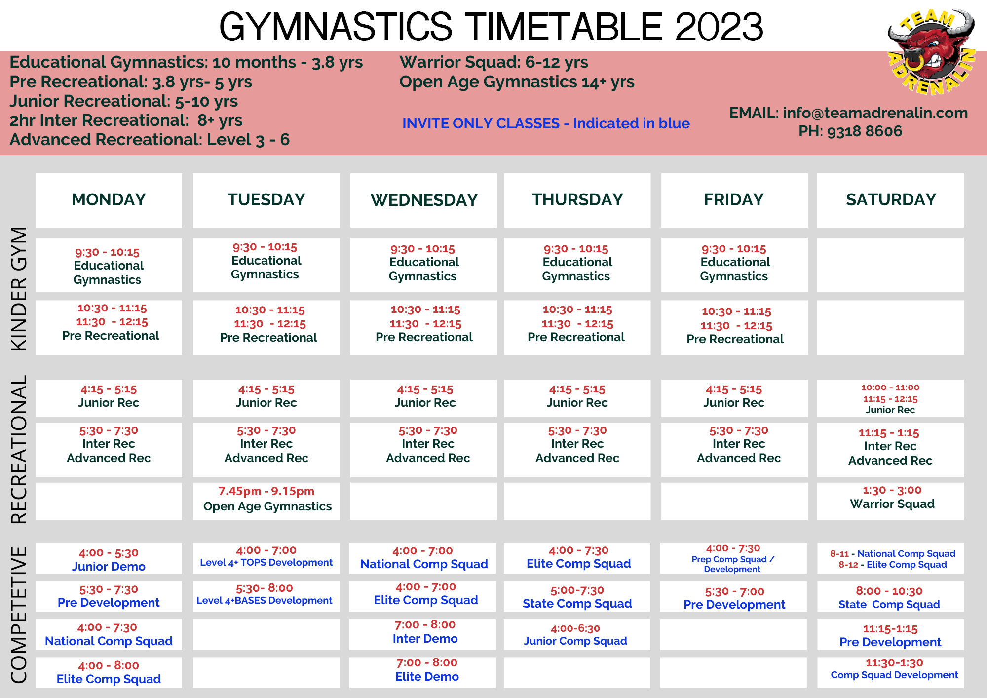 Team Adrenalin — Timetable