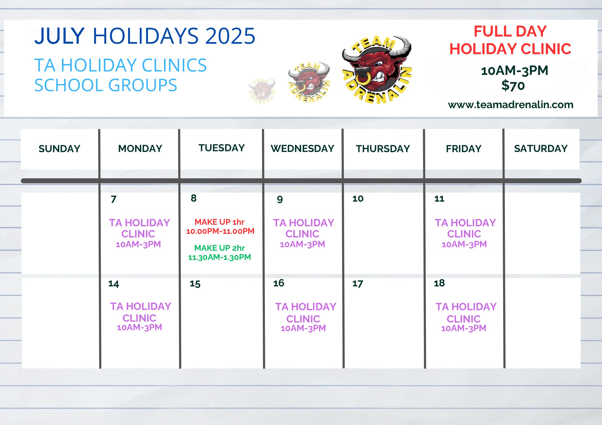 Team Adrenalin — Timetable