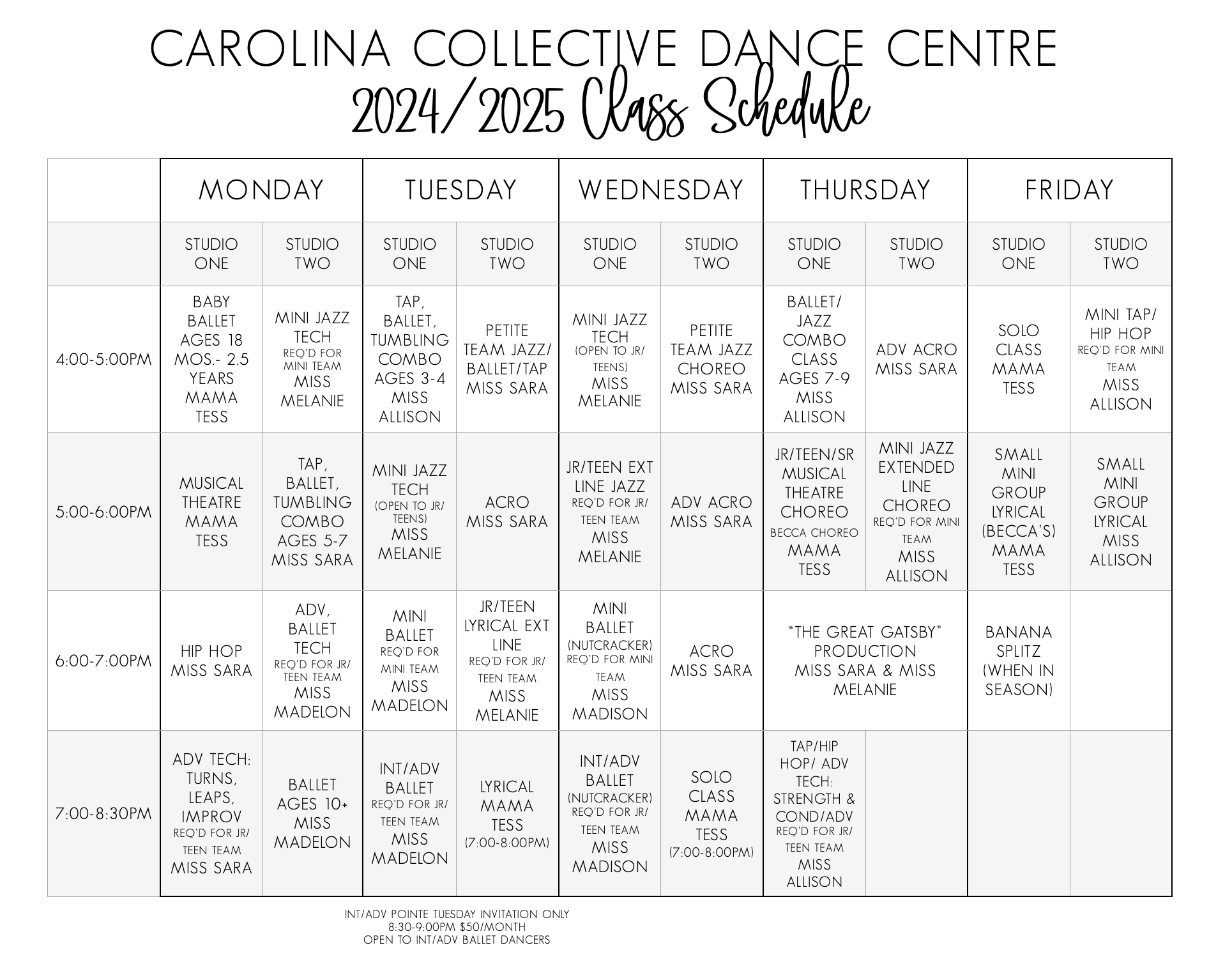 CLASS SCHEDULE — Carolina Collective