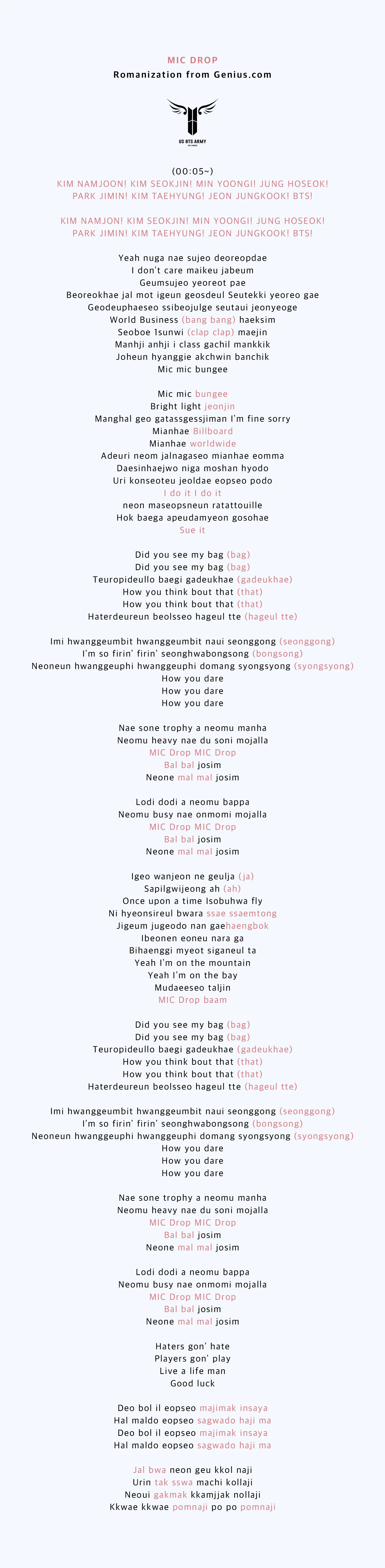 Official "MIC Drop" Fanchant — US BTS ARMY