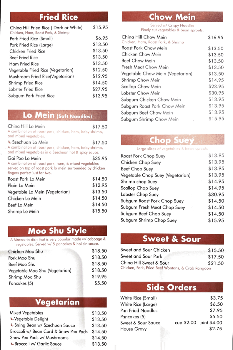 Menu — China Hill Restaurant & Lounge