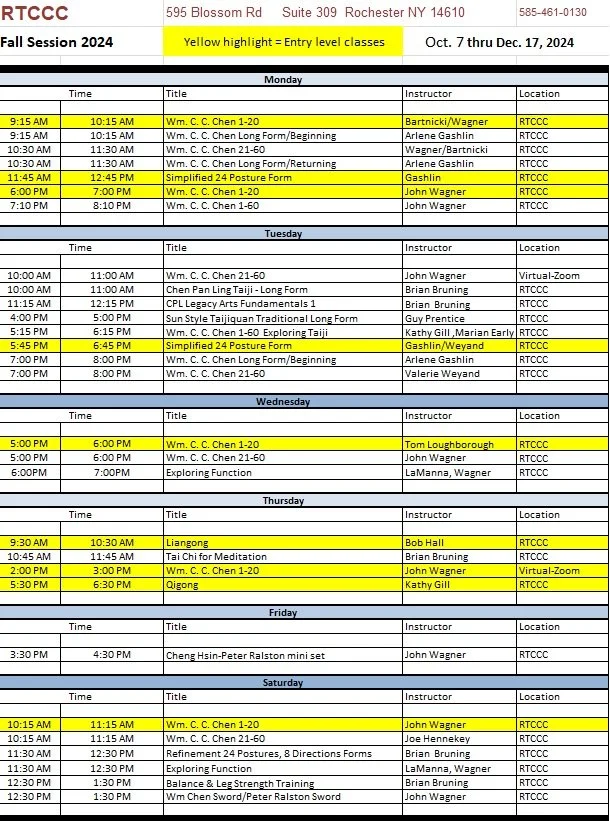 Class Schedule — The Rochester T'ai Chi Ch'uan Center