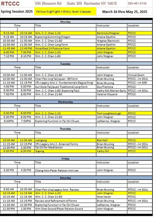 Class Schedule — The Rochester T'ai Chi Ch'uan Center