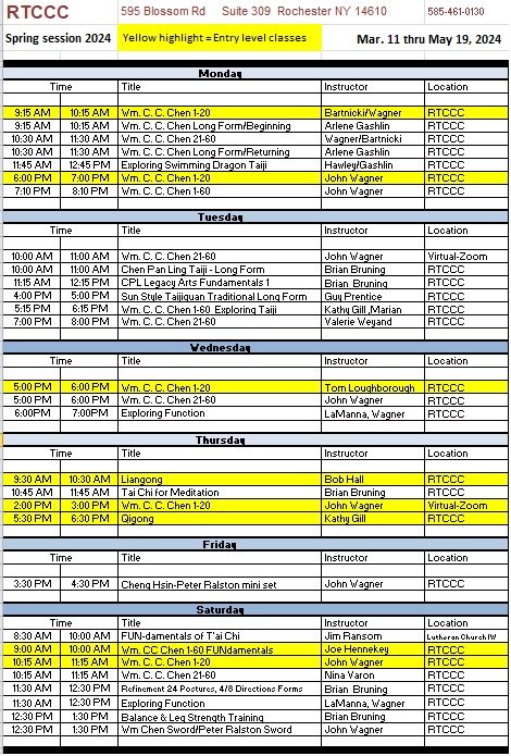 Class Schedule — The Rochester T'ai Chi Ch'uan Center