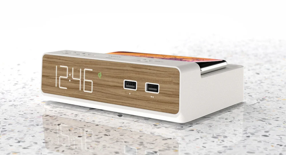 Modern Hotel Alarm Clock with Dual USB Outlets and Qi Wireless Charging ...
