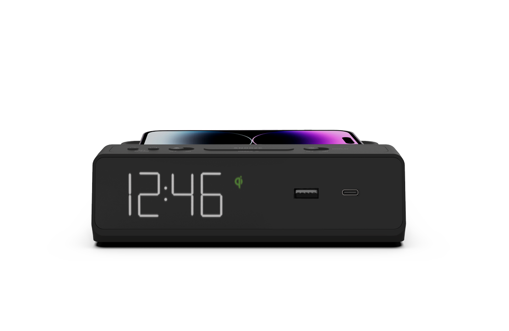 Modern Hotel Alarm Clock with Dual USB Outlets and Qi Wireless Charging ...