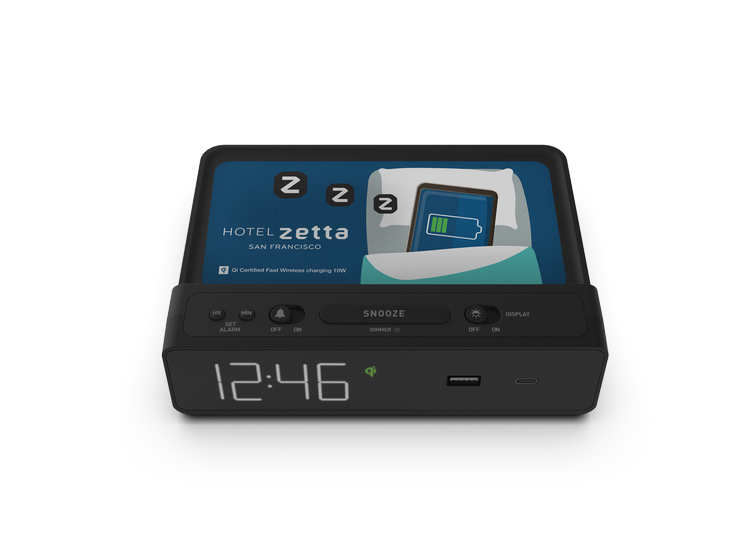 Modern Hotel Alarm Clock with Dual USB Outlets and Qi Wireless Charging ...