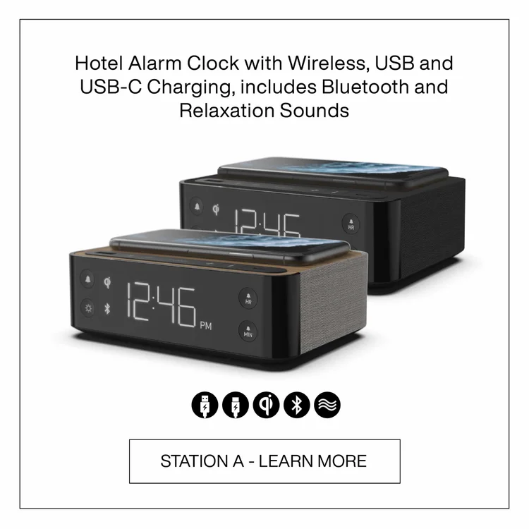 Modern Hotel Alarm Clocks, Wireless and USB-C Chargers, Bluetooth ...