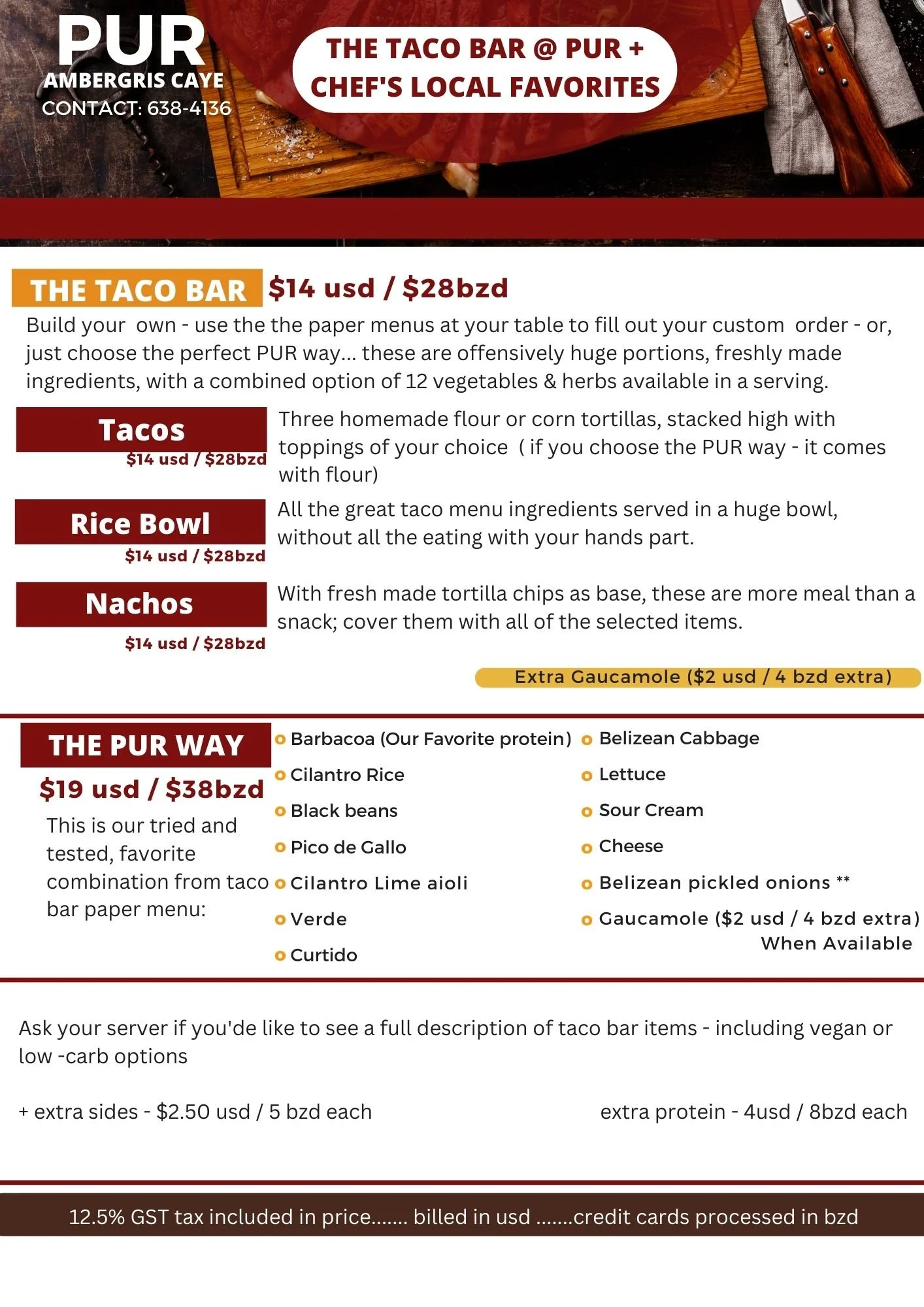 Taco Bar Menu — PUR BOUTIQUE CABANAS