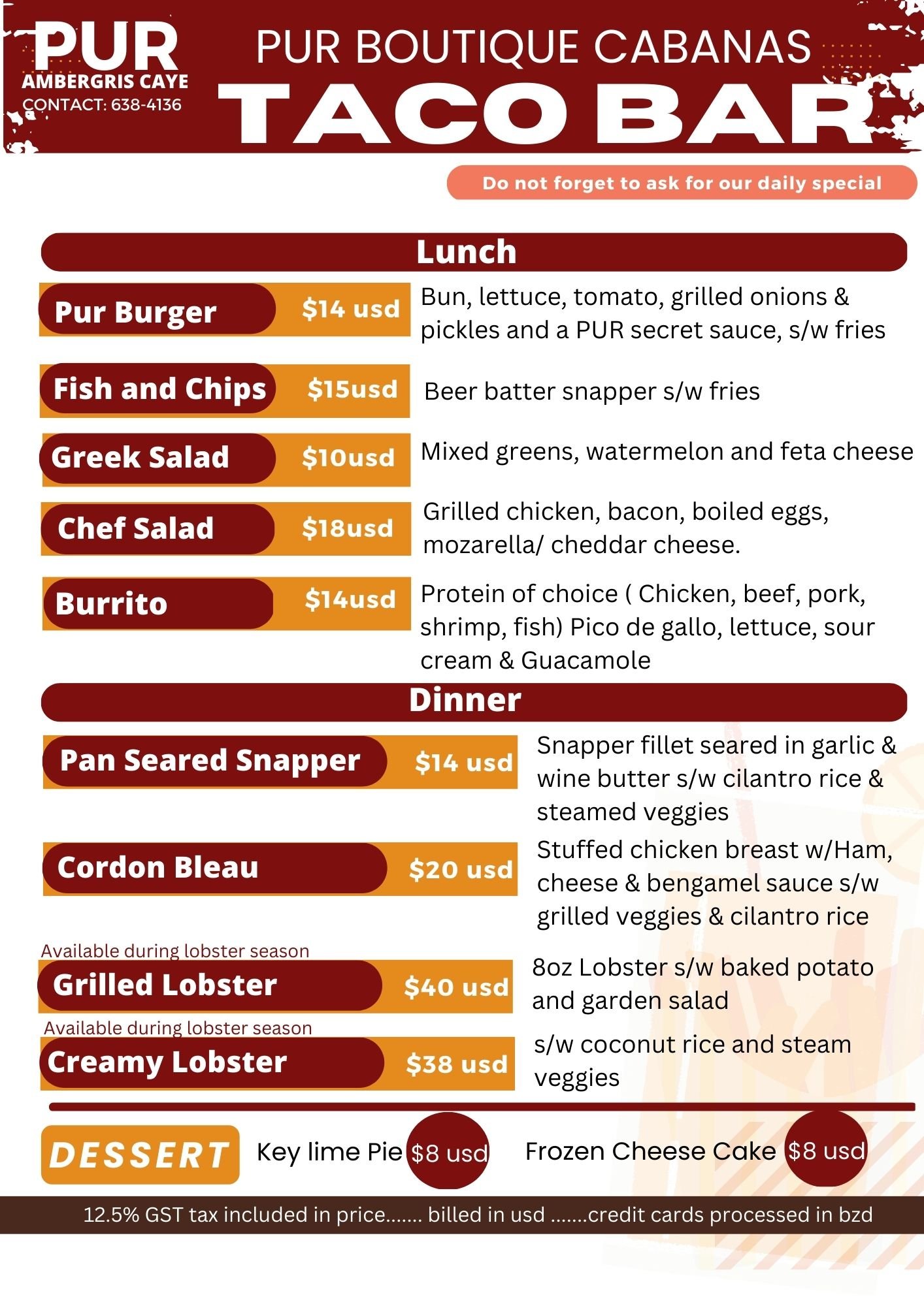 Taco Bar Menu — PUR BOUTIQUE CABANAS