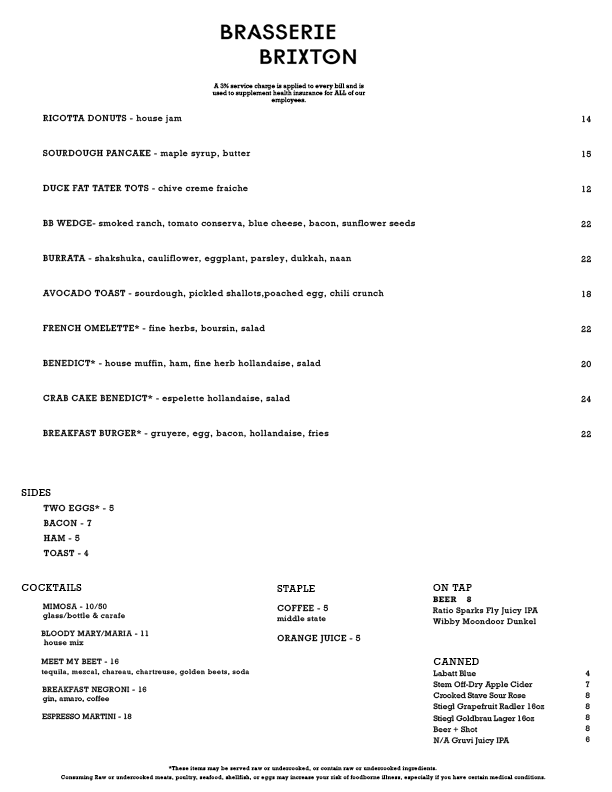 Brunch menu — Brasserie Brixton