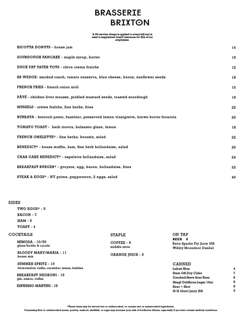 Brunch menu — Brasserie Brixton