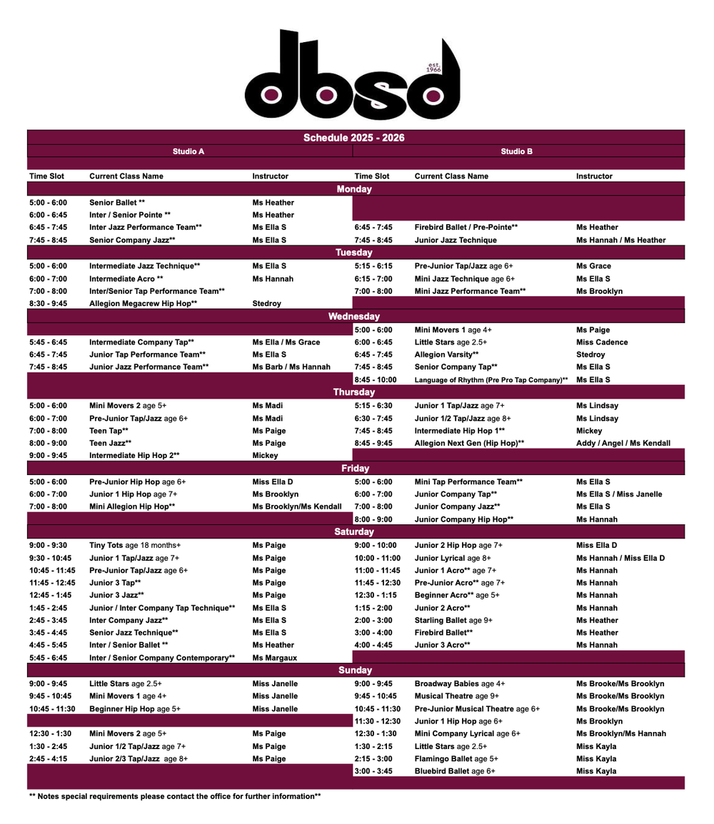 Schedule & Fees — Doreen Bissett School of Dance