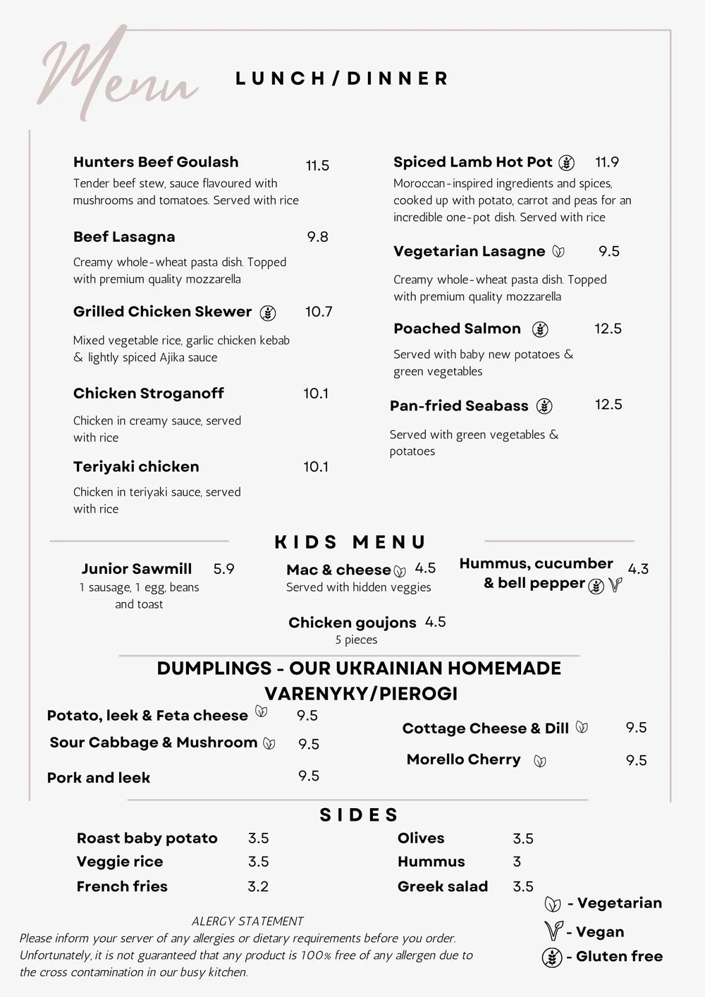restaurant menu — SAWMILL