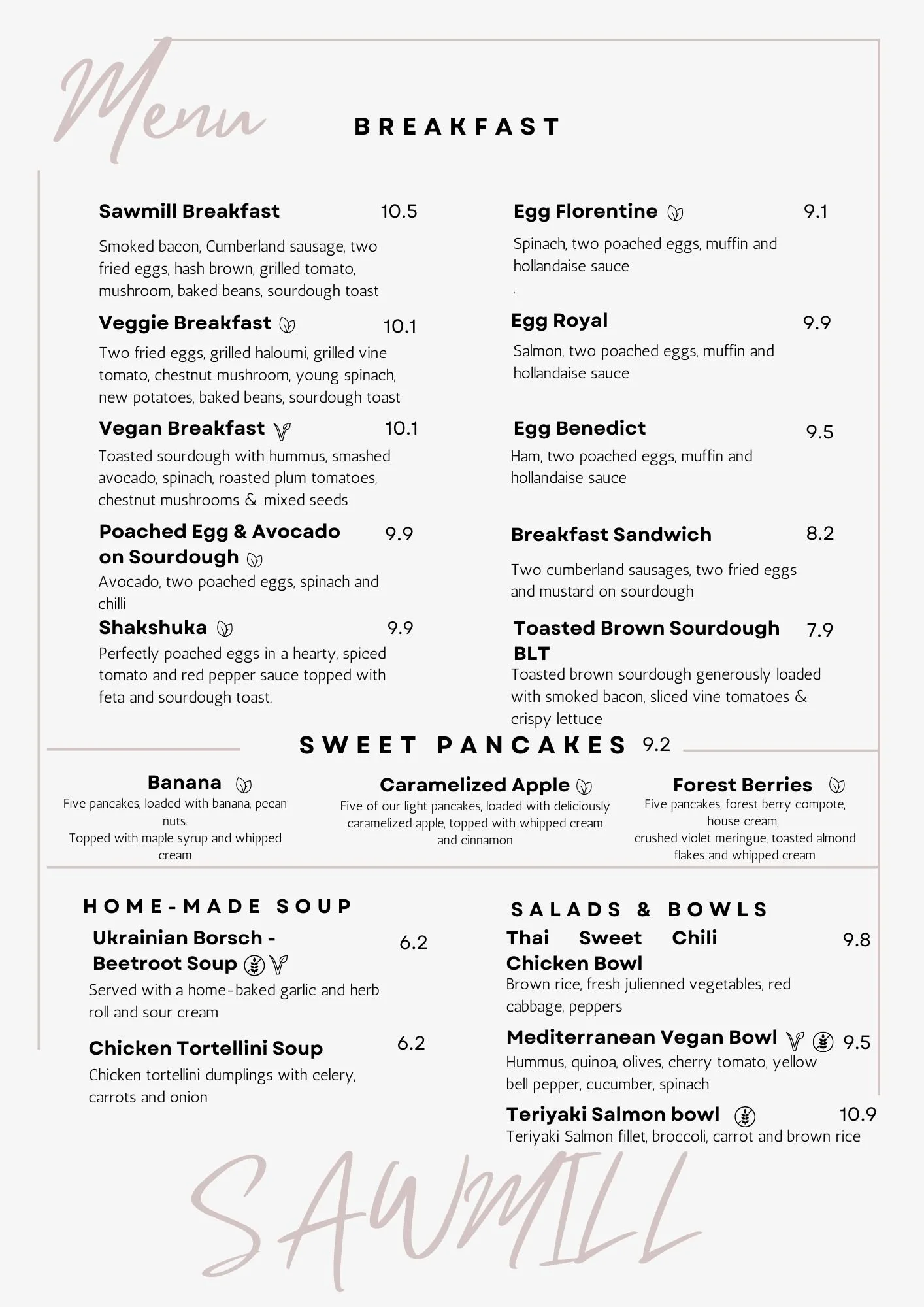 restaurant menu — SAWMILL