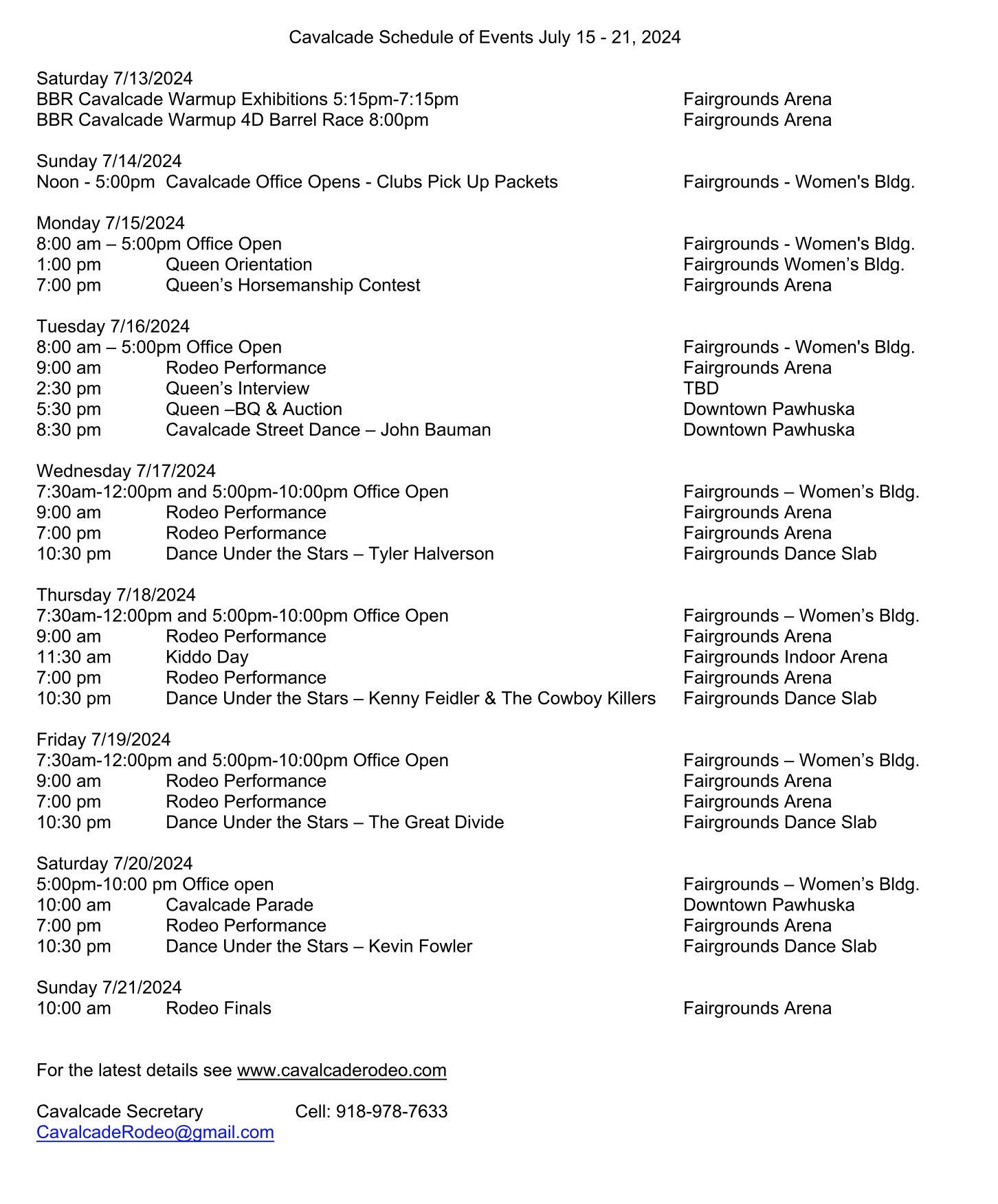 Schedule of Events — Cavalcade Rodeo