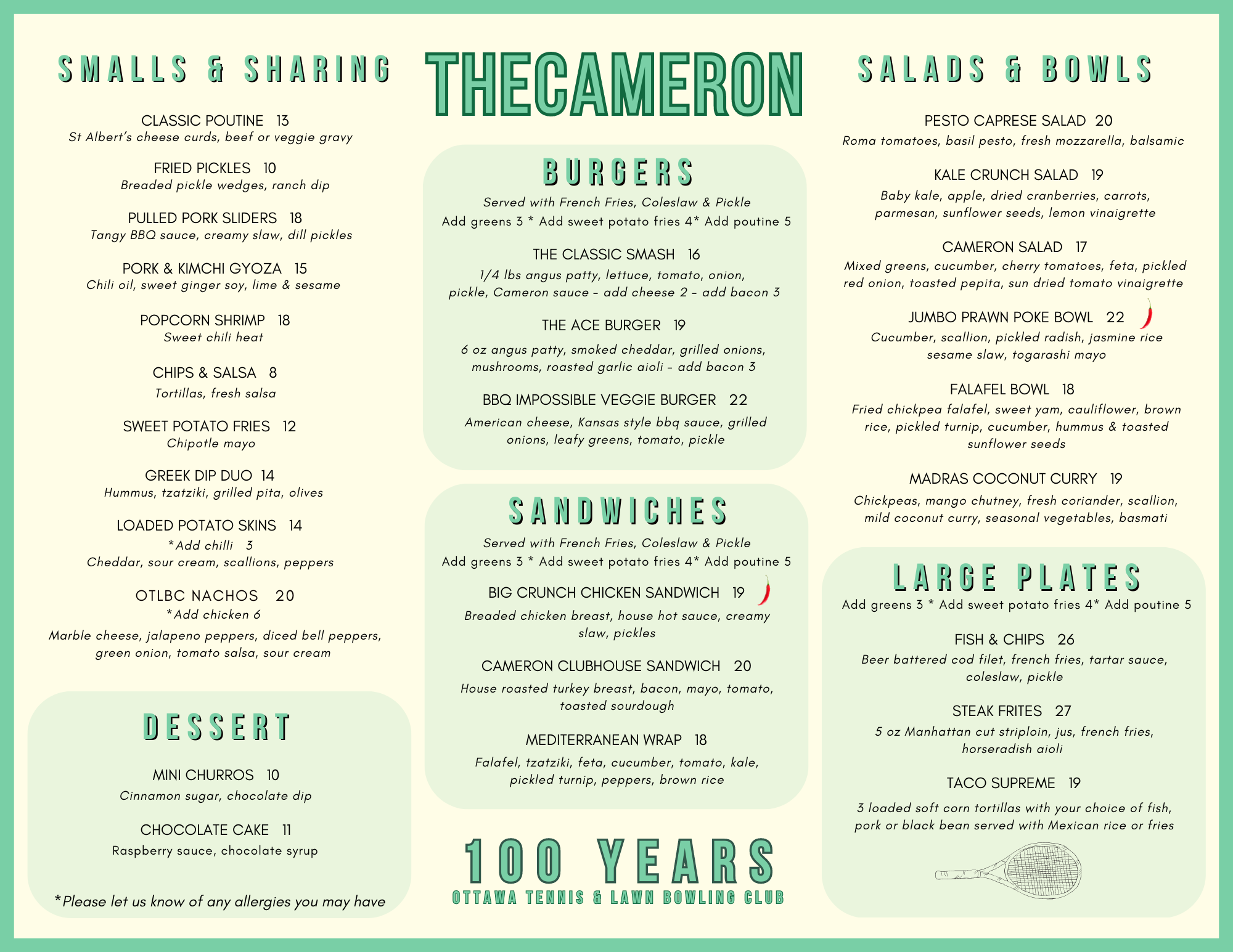 CAMERON MENU — The Cameron