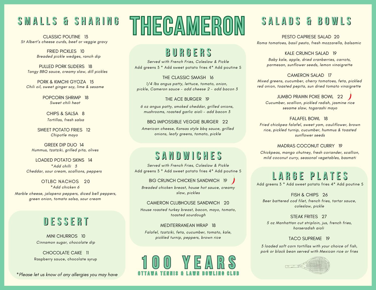 CAMERON MENU — The Cameron