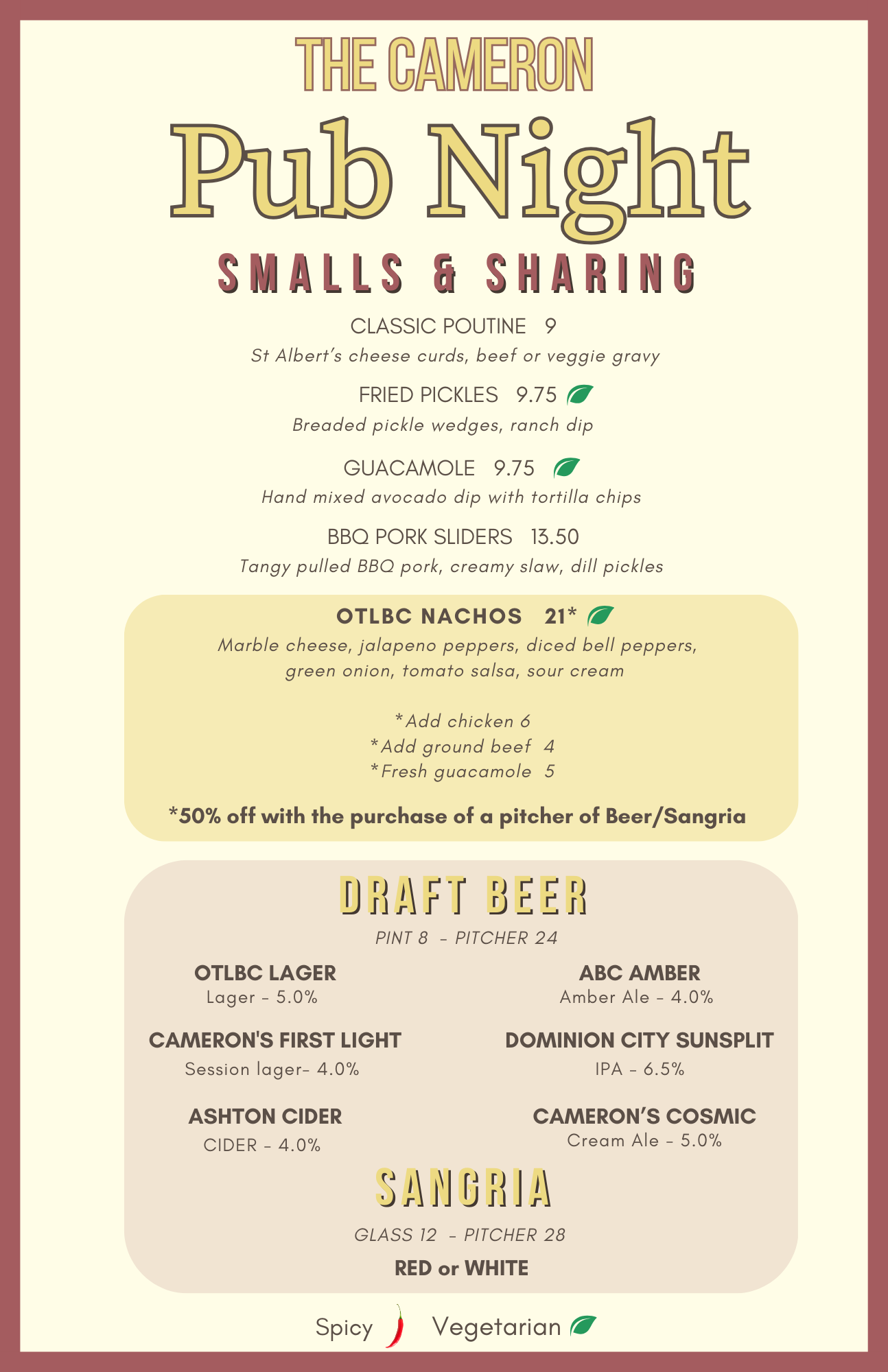 CAMERON MENU — The Cameron