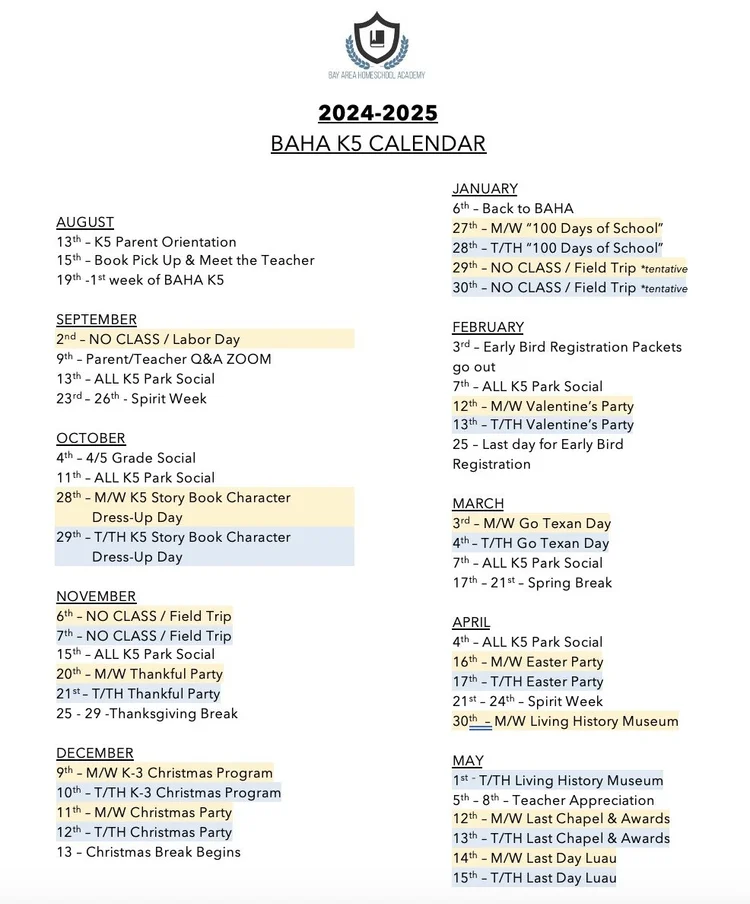 K5 Calendar — Bay Area Homeschool Academy