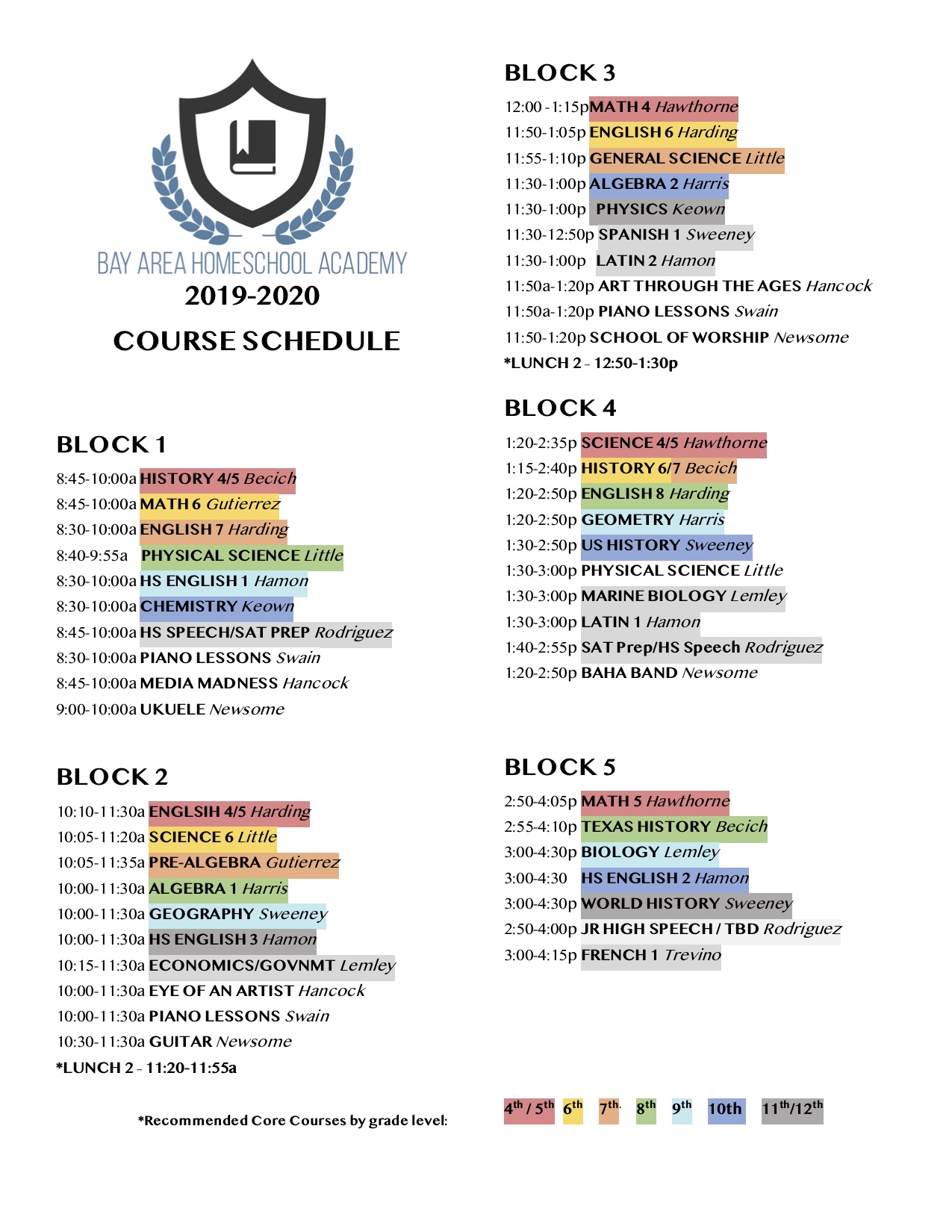 2019-2020 Schedule — Bay Area Homeschool Academy