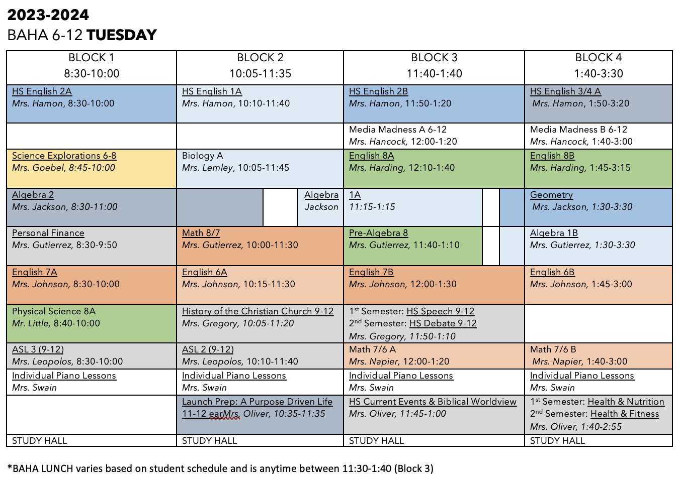 6-12 Class Schedule — Bay Area Homeschool Academy