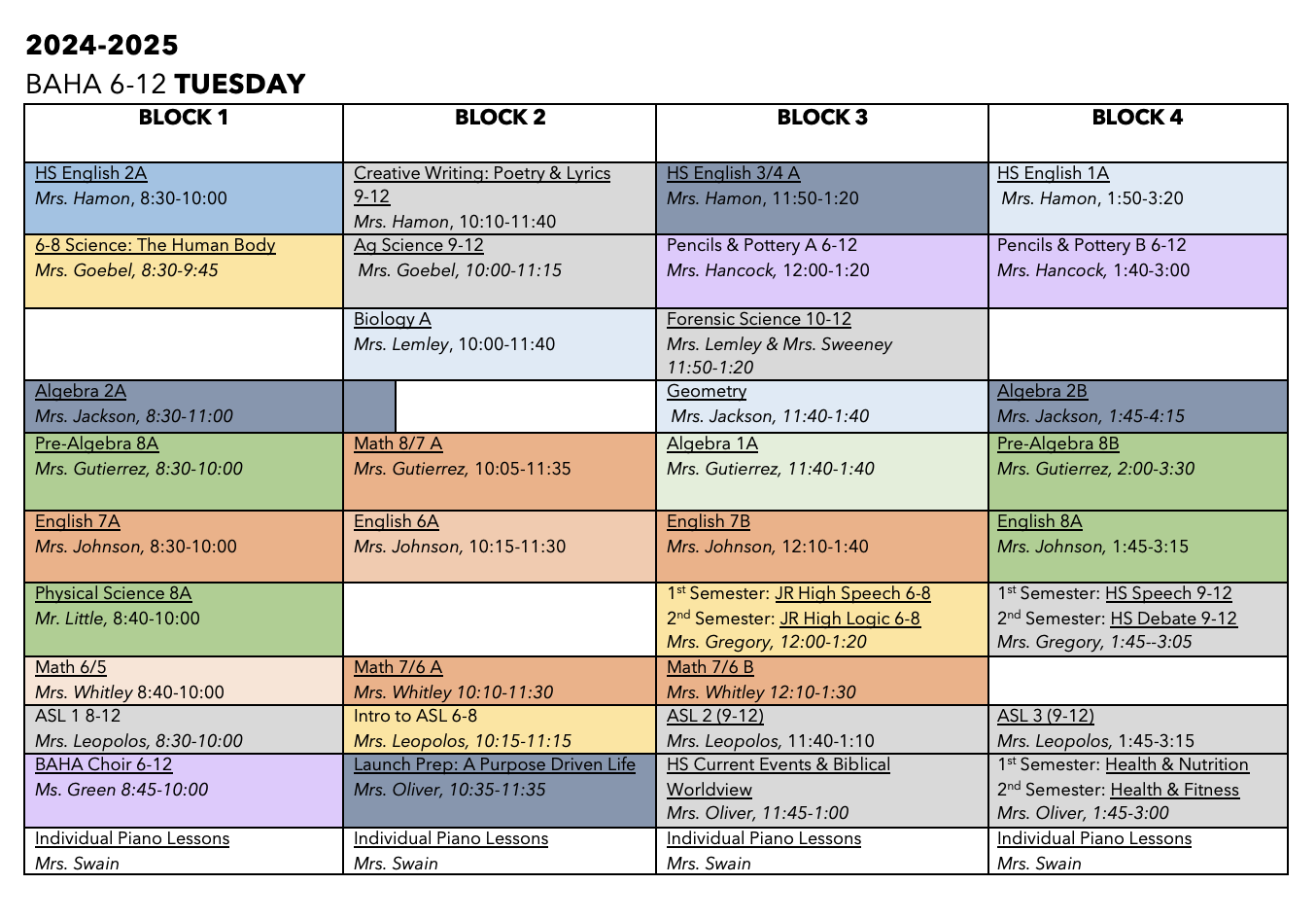 6-12 Class Schedule — Bay Area Homeschool Academy