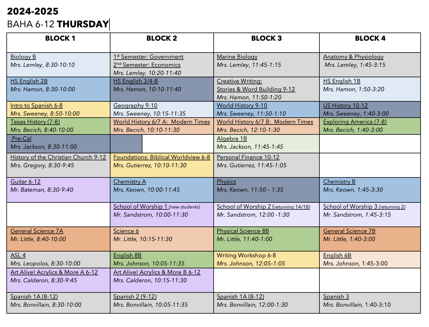 6-12 Class Schedule — Bay Area Homeschool Academy