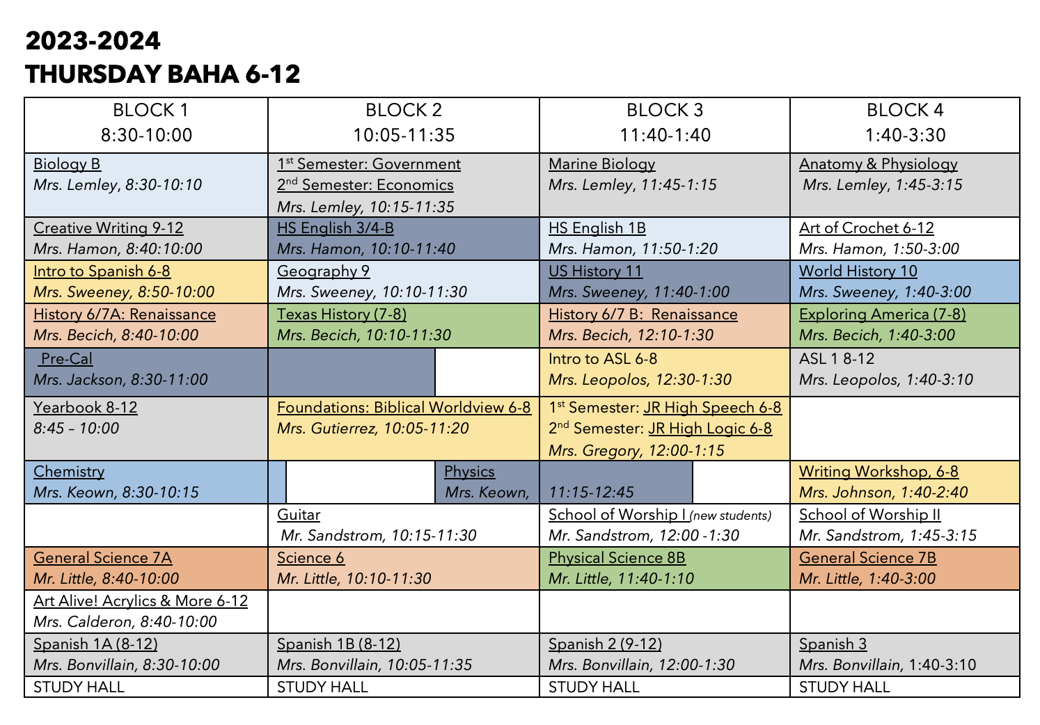 6-12 Class Schedule — Bay Area Homeschool Academy