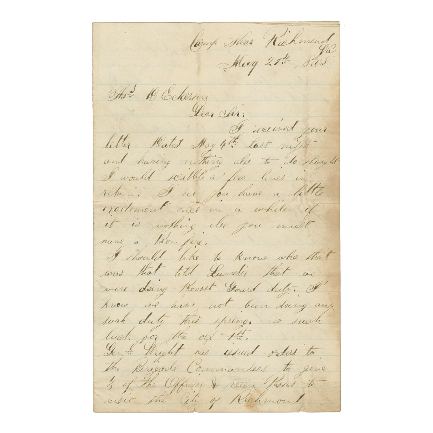 Group of 1865 Civil War Letters by Private David T. Eckerson, 1st New ...