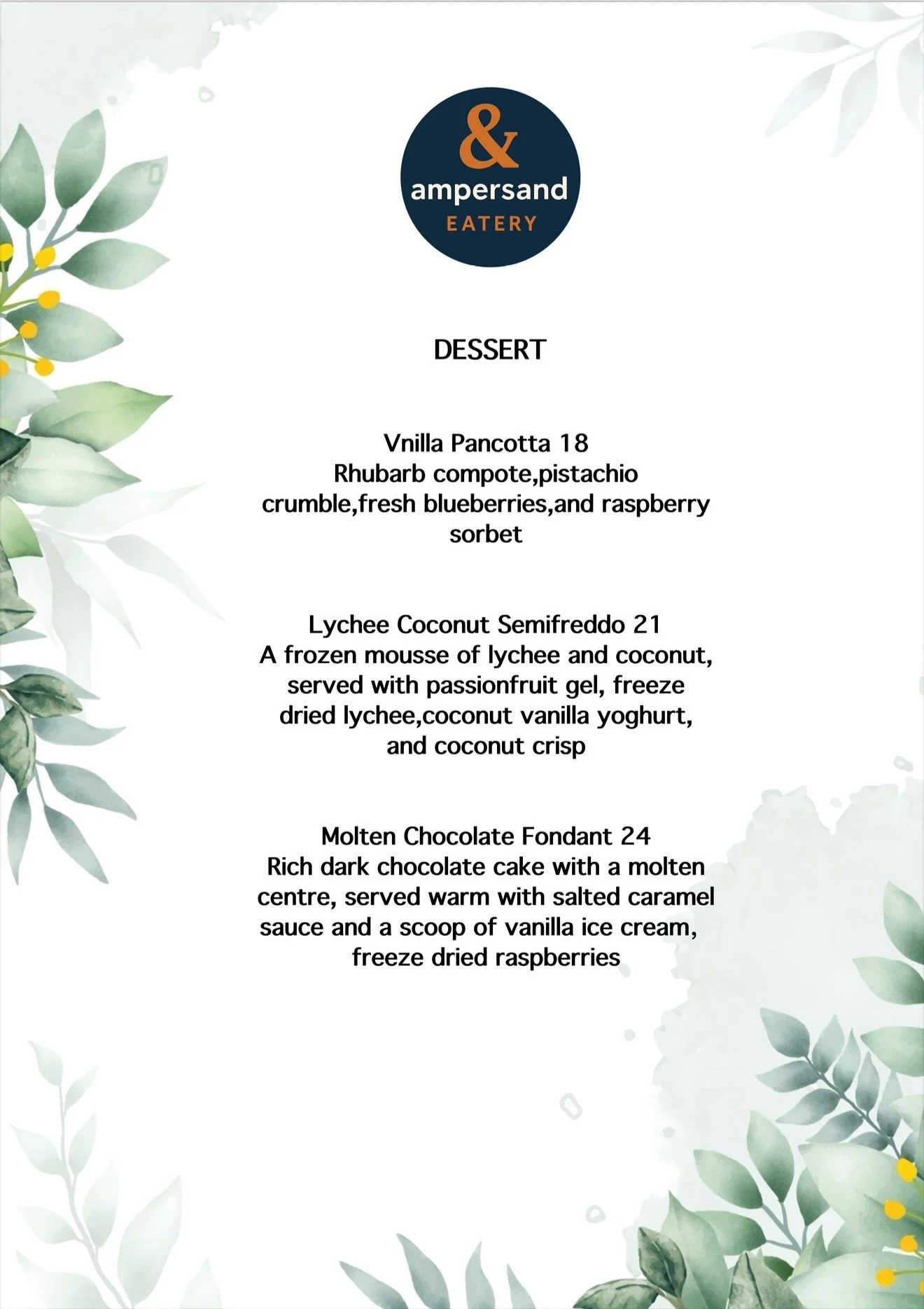 Menu | Orakei Bay & Remuera | Ampersand Eatery