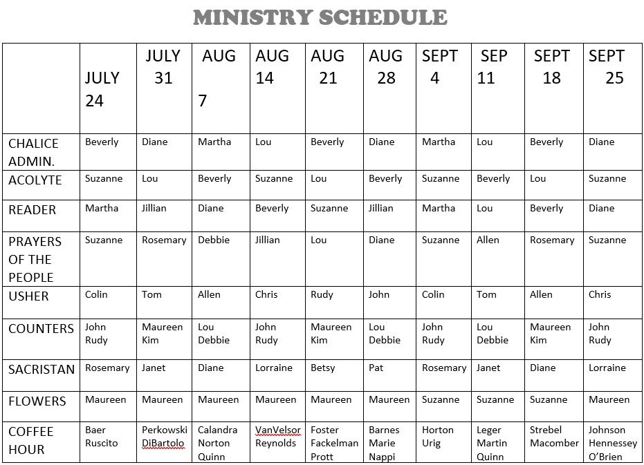 Ministry Schedule — The Episcopal Church of St. John the Baptist