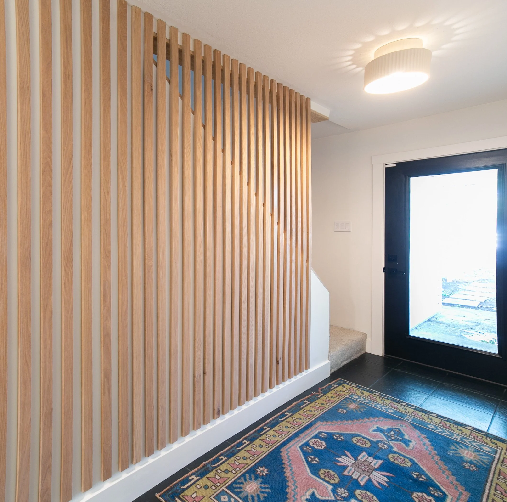 DIY Wood Slat Wall Hallway Stair Wall Makeover MAKER GRAY