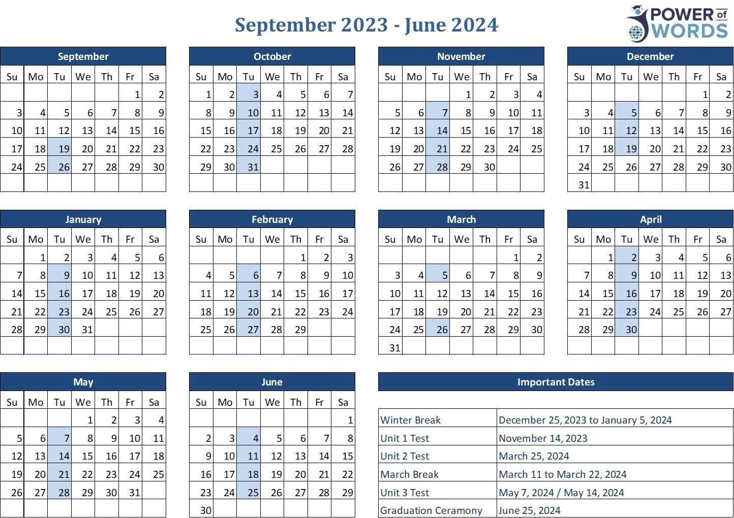 Class Schedule & Calendars — Power Of Words Academy