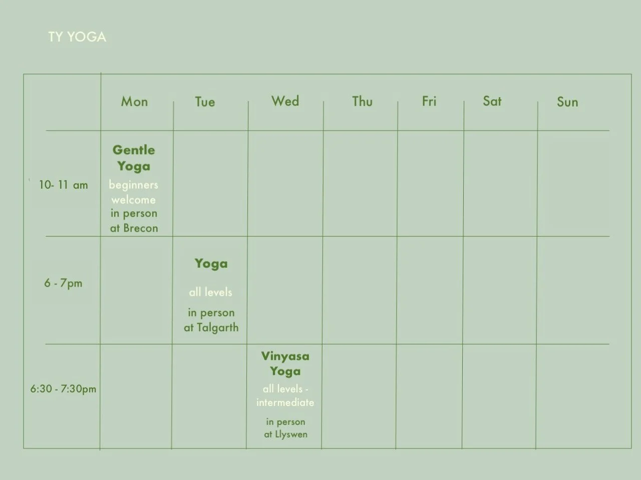 Timetable + Prices — TŶ YOGA