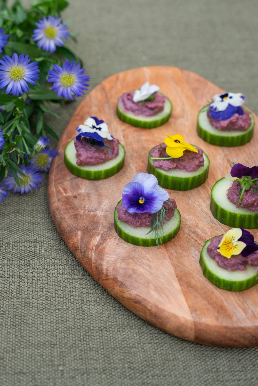 Cucumber & Purple Hummus Bites with Edible Flowers — My Moonstone Kitchen
