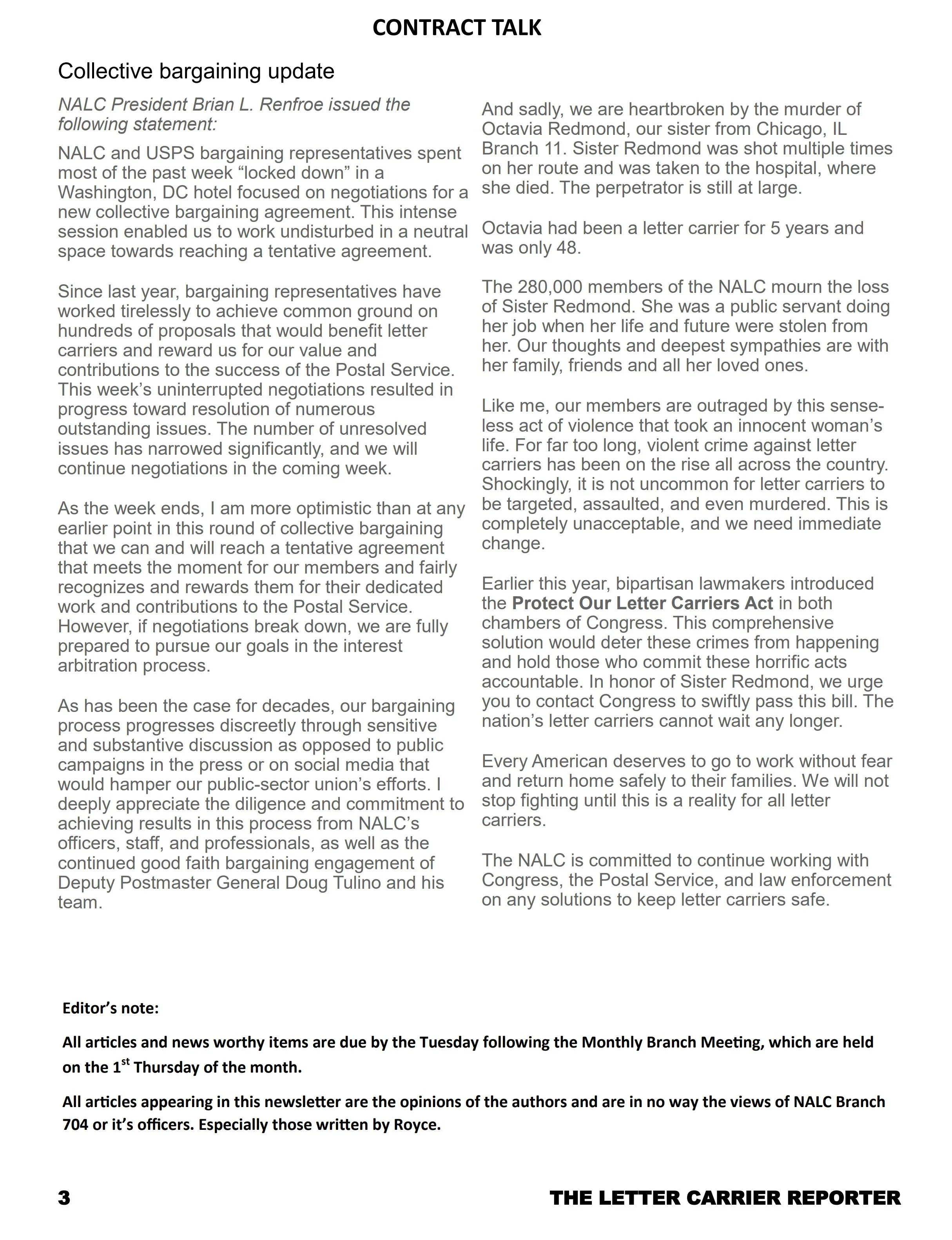 Current Newsletter — National Association of Letter Carriers Branch 704