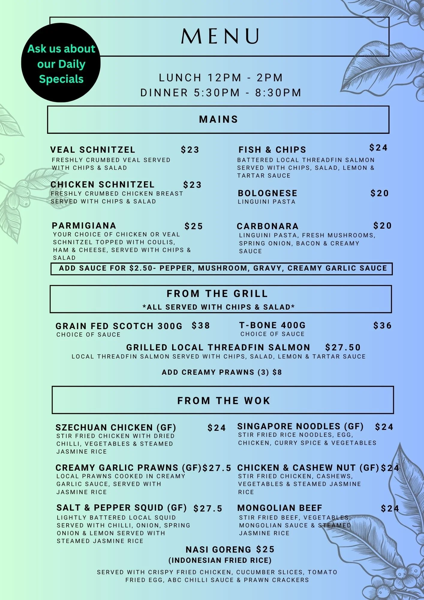 Menu — Palmerston Golf Course