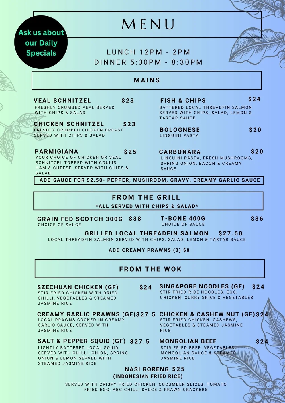 Menu — Palmerston Golf Course