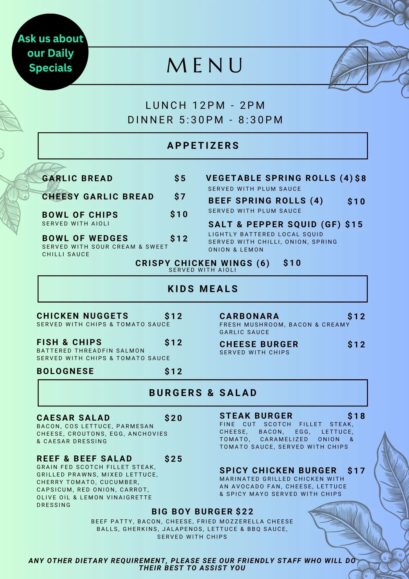 Menu — Palmerston Golf Course