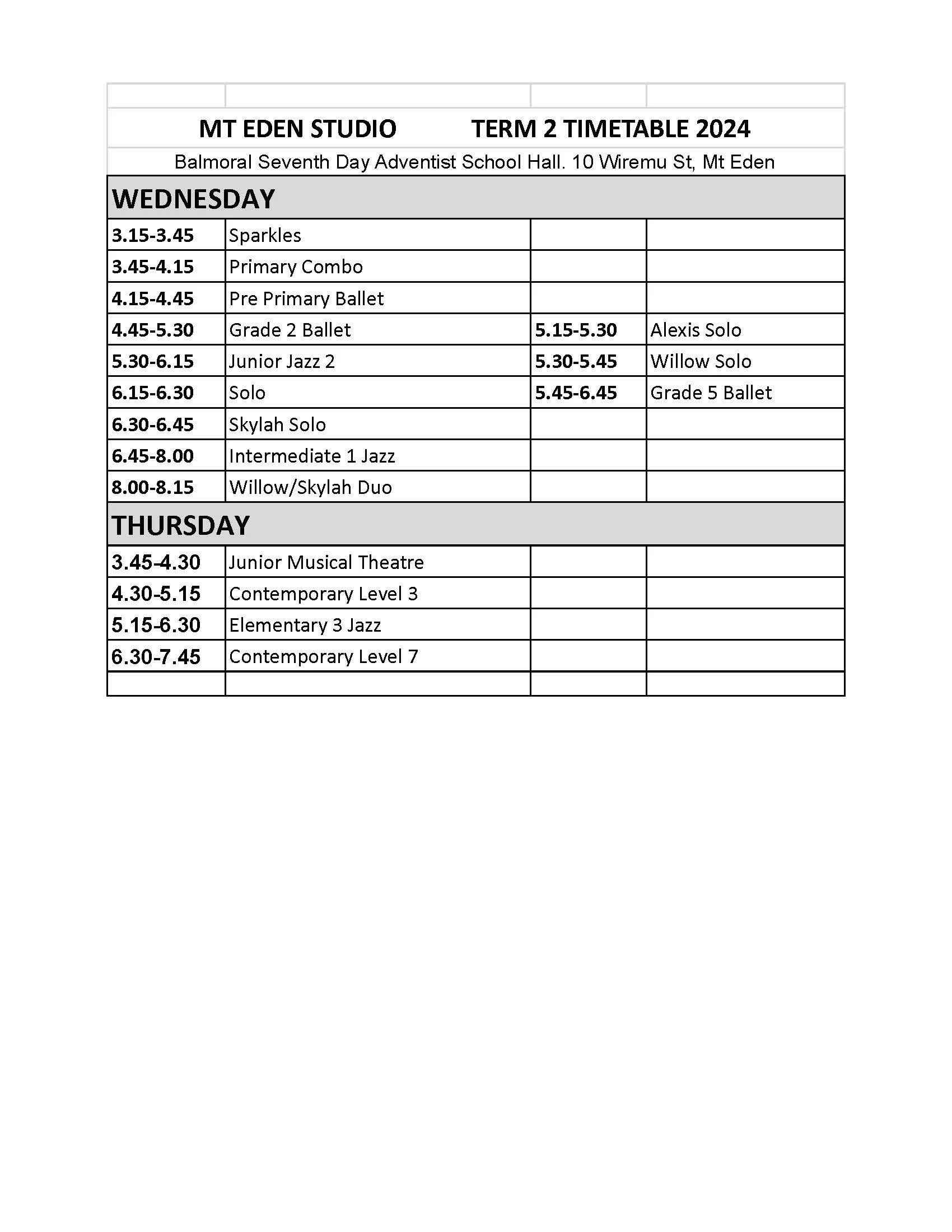Timetables — RAW Dance