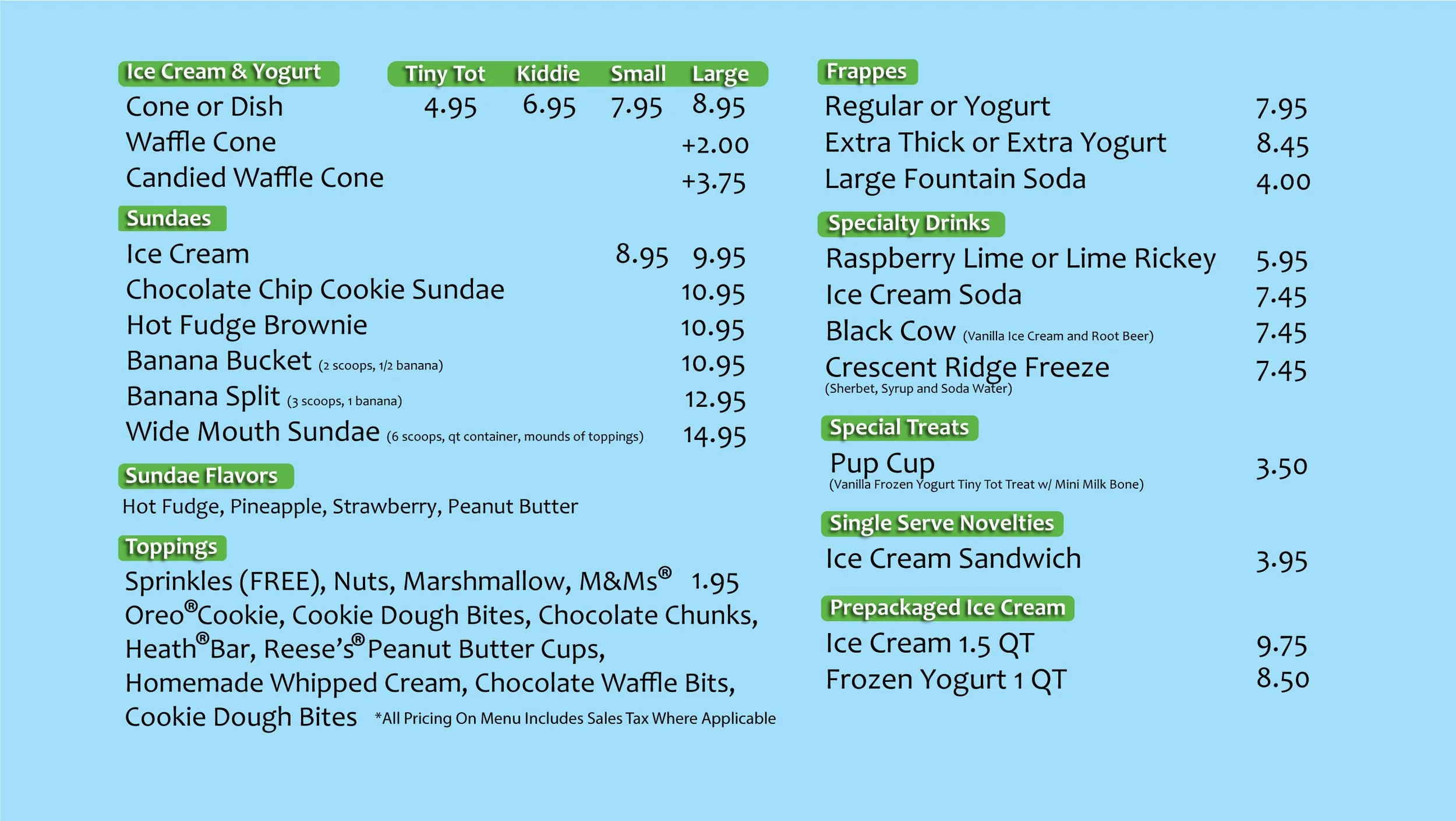 Prices — Crescent Ridge Dairy Bar