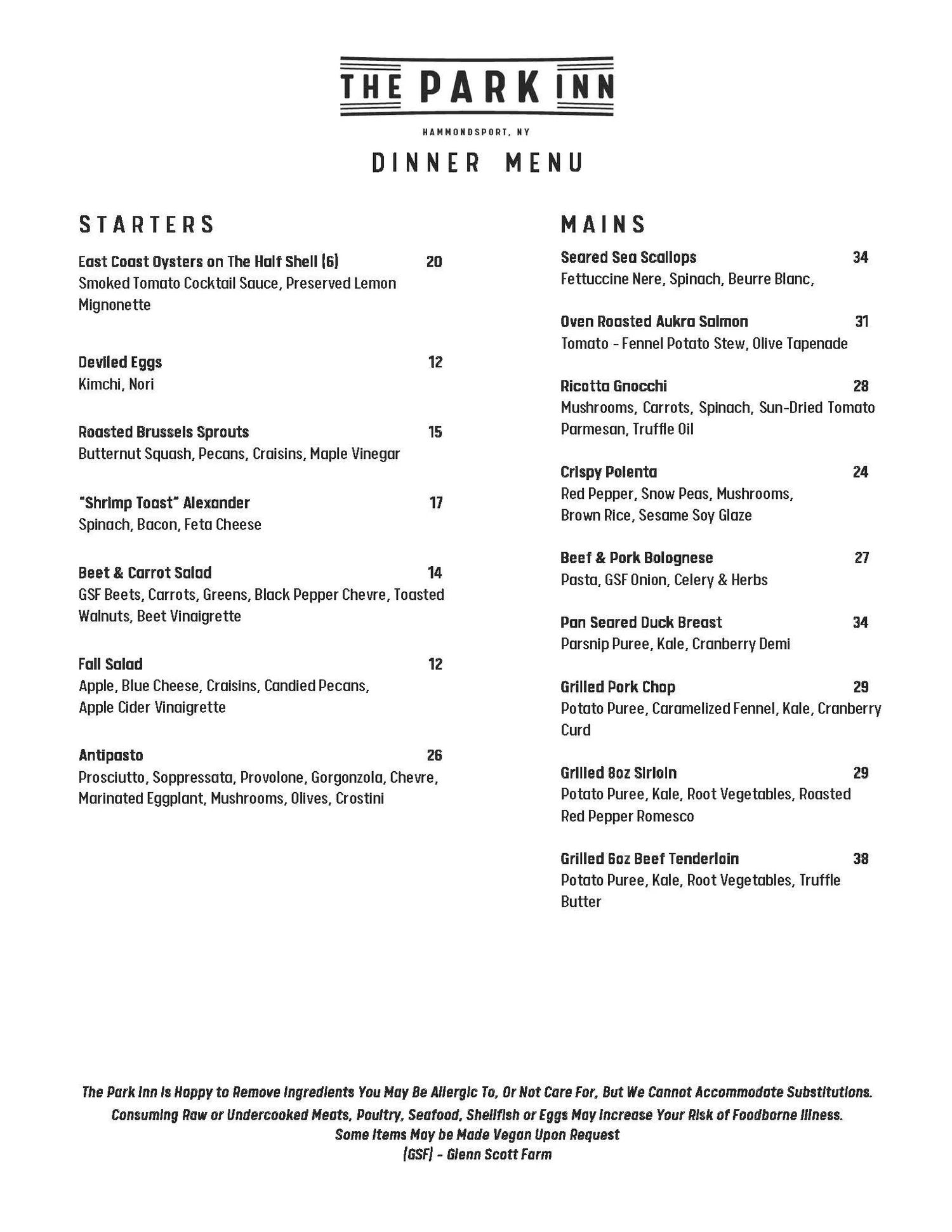Menu — The Park Inn