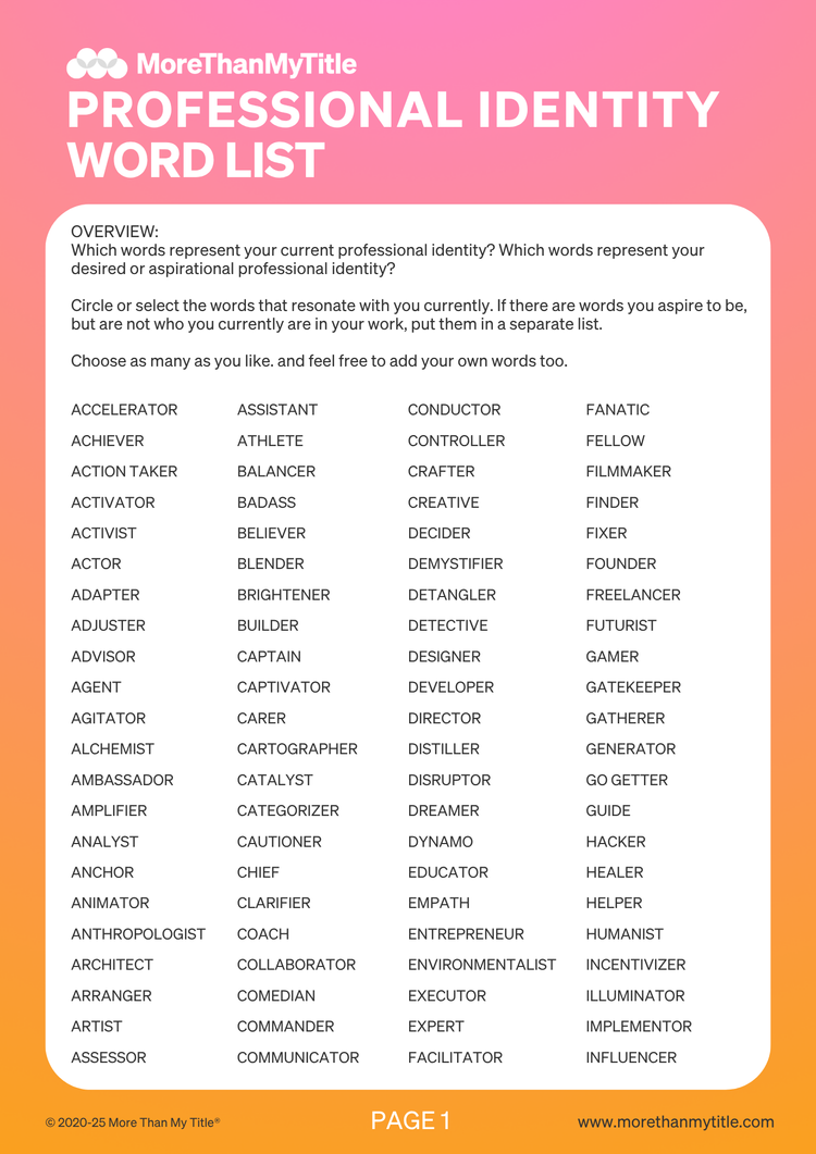 Professional Identity Word List | Free Career Clarity Tool — More Than ...